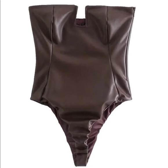 Tops | Nwt Indefeir Studios Faux Brown Leather Bodysuit Size M | Poshmark